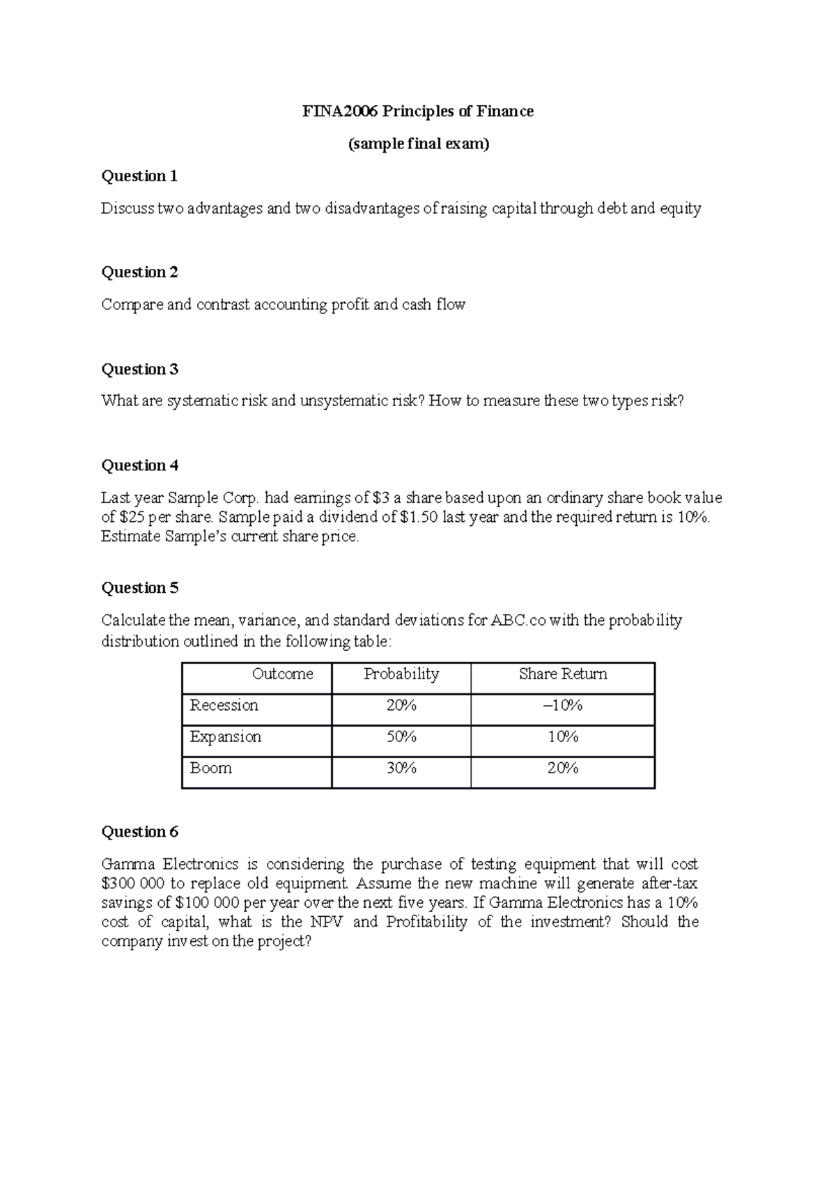 Sample Final Exam Principles of Finance - FINA2006 Principles of ...