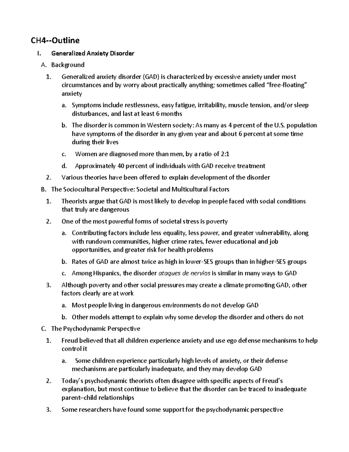 CH4 Outline - Lecture notes 14 - CH4-Outline I. Generalized Anxiety ...