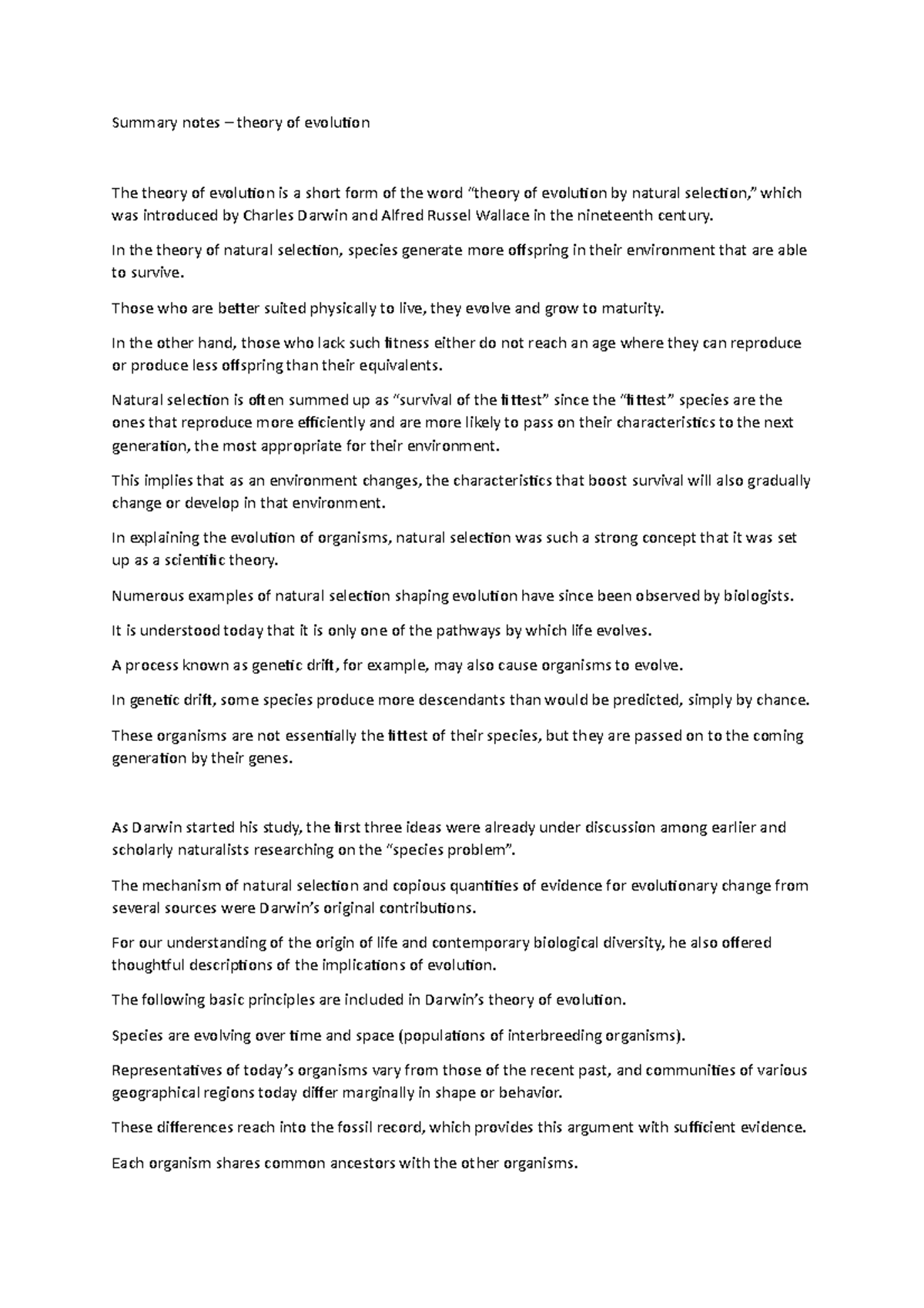 Summary notes – theory of evolution - Summary notes – theory of ...