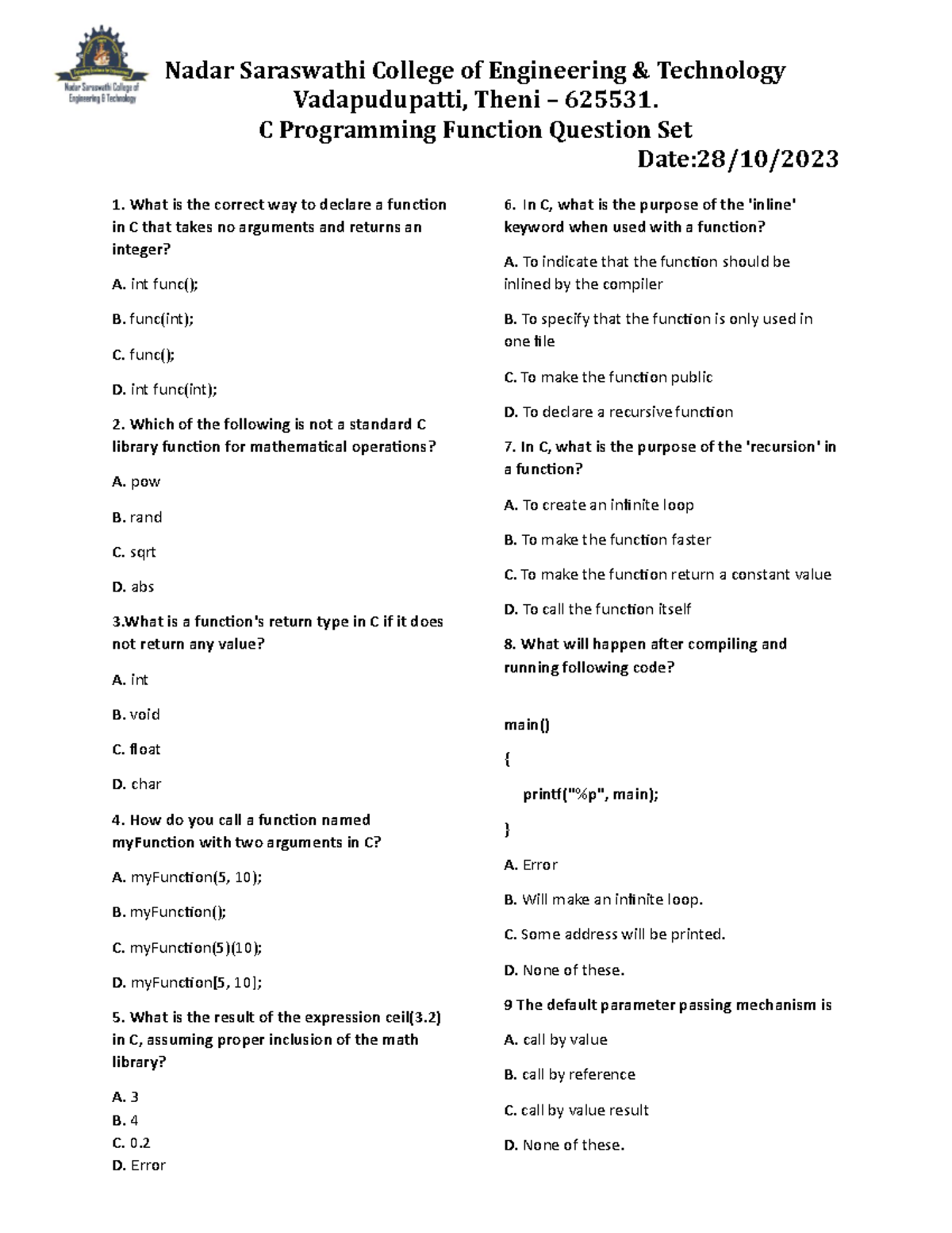 Function Question Set - Vadapudupatti, Theni – 625531. C Programming ...