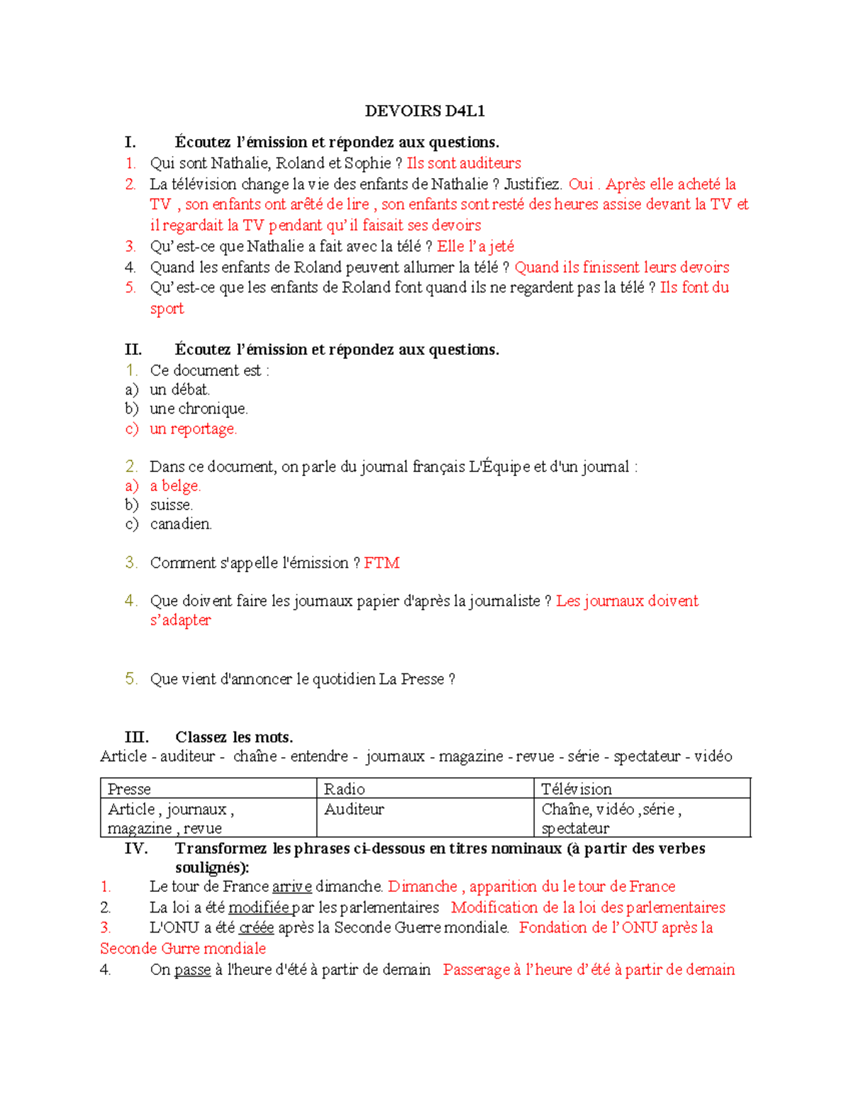 Devoirs D4L1 - VVCSCSC - DEVOIRS D4L I. Écoutez l’émission et répondez aux questions. Qui sont ...