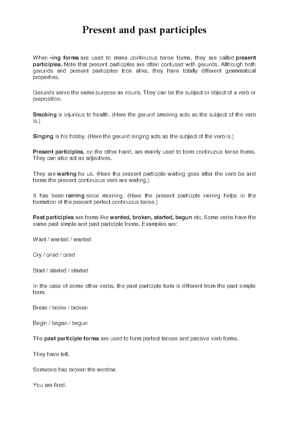 Present and past participles - Note that present participles are often ...
