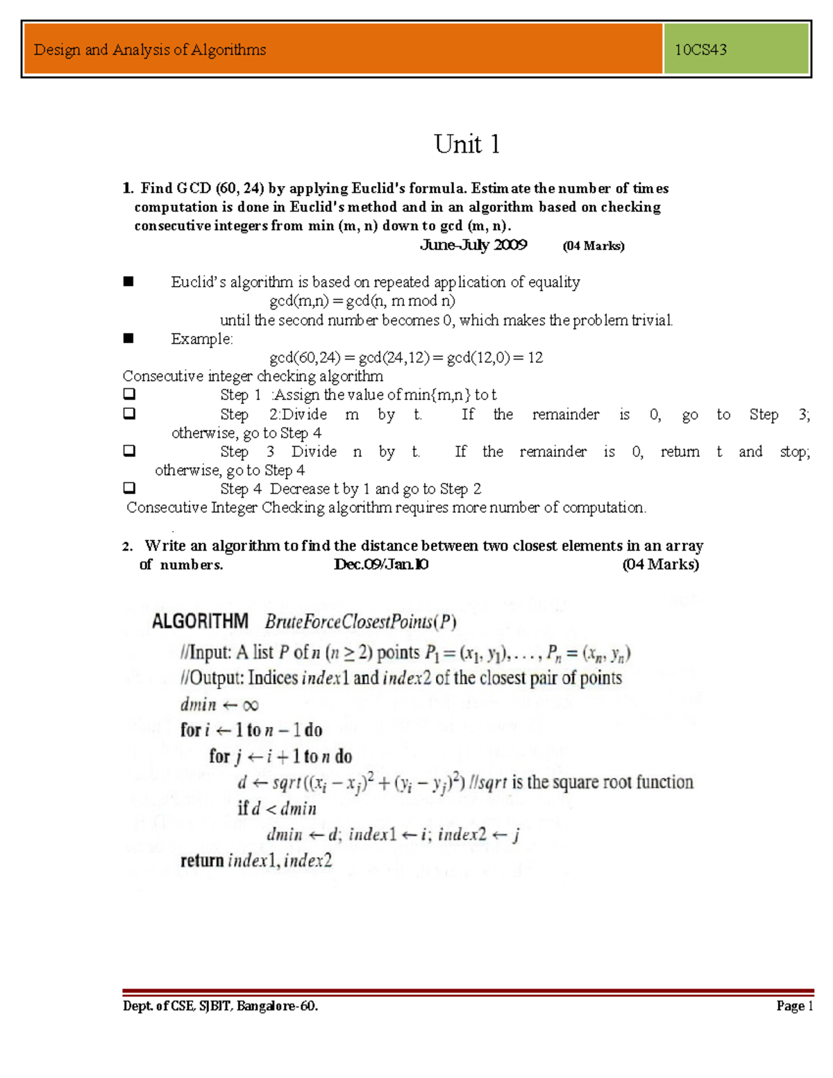 Cse-iv-design-and-analysis-of-algorithms-10cs43-solution - Unit 1 Find GCD (60, 24) by applying ...