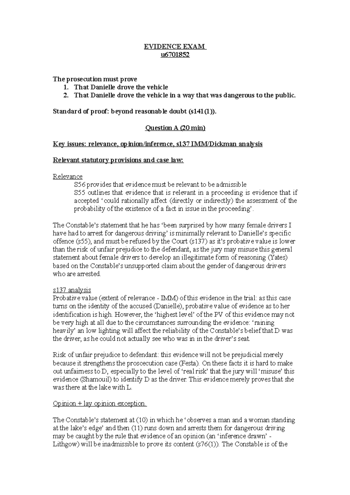 Final Evidence EXAM Template - EVIDENCE EXAM u The prosecution must ...