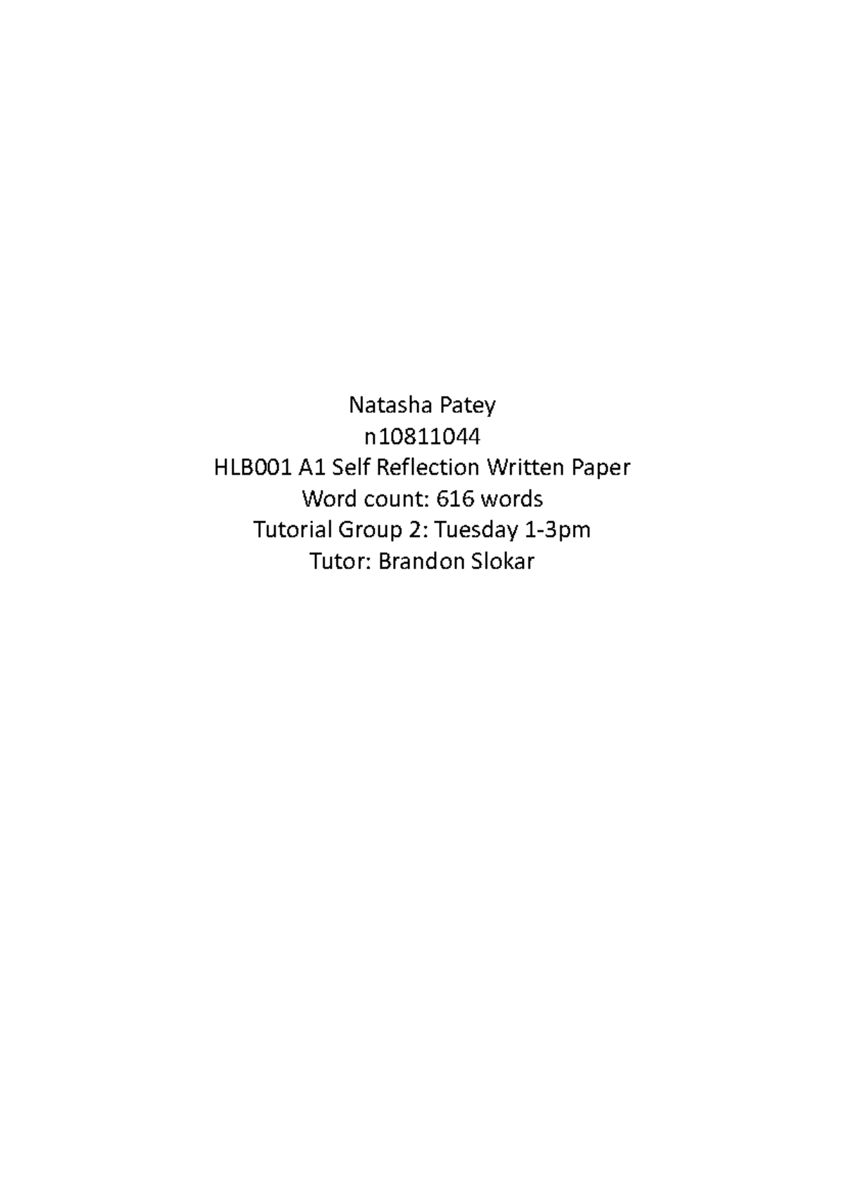 Hlb001 A1 Self Reflection Written Paper Natasha Patey N Hlb001 A1