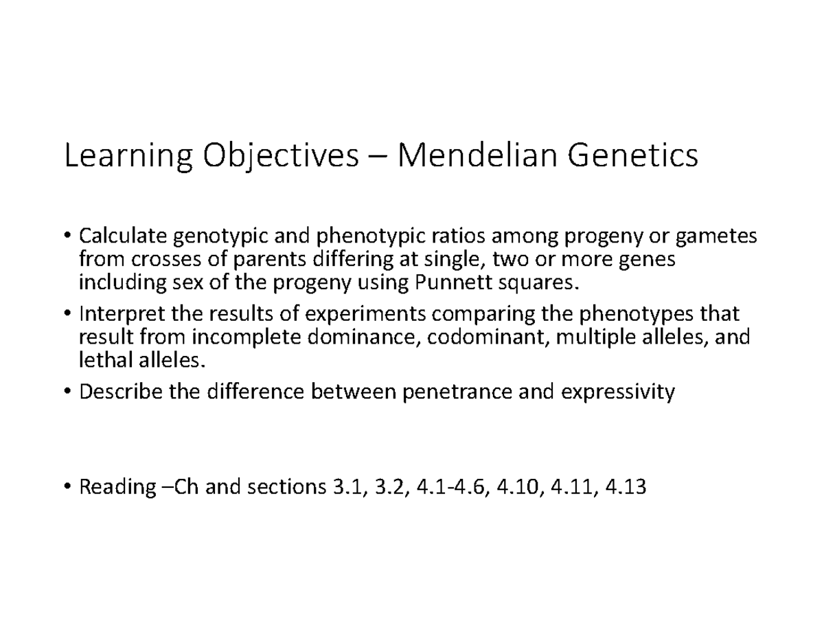 Notes Genetics section 3 (Mendelian) - Learning Objectives – Mendelian ...