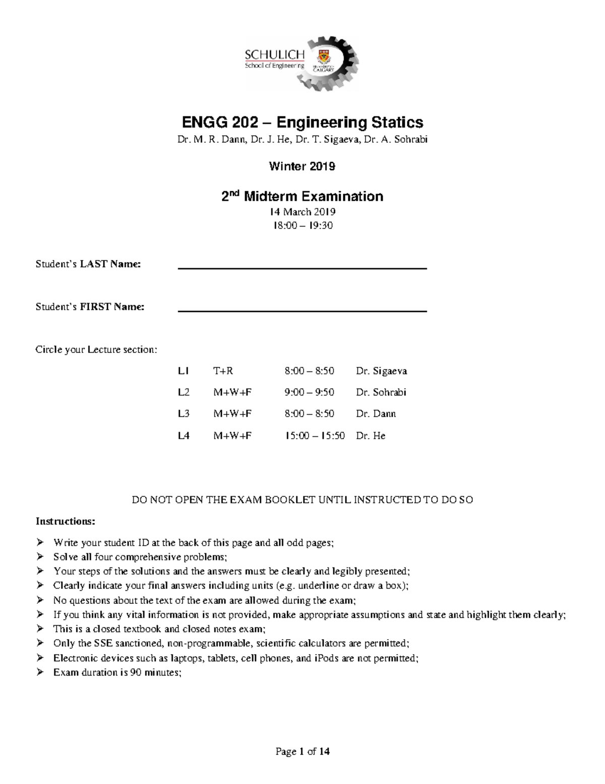 ENGG202 Winter 2019 Midterm 2 - ENGG 202 – Engineering Statics Dr. M. R ...