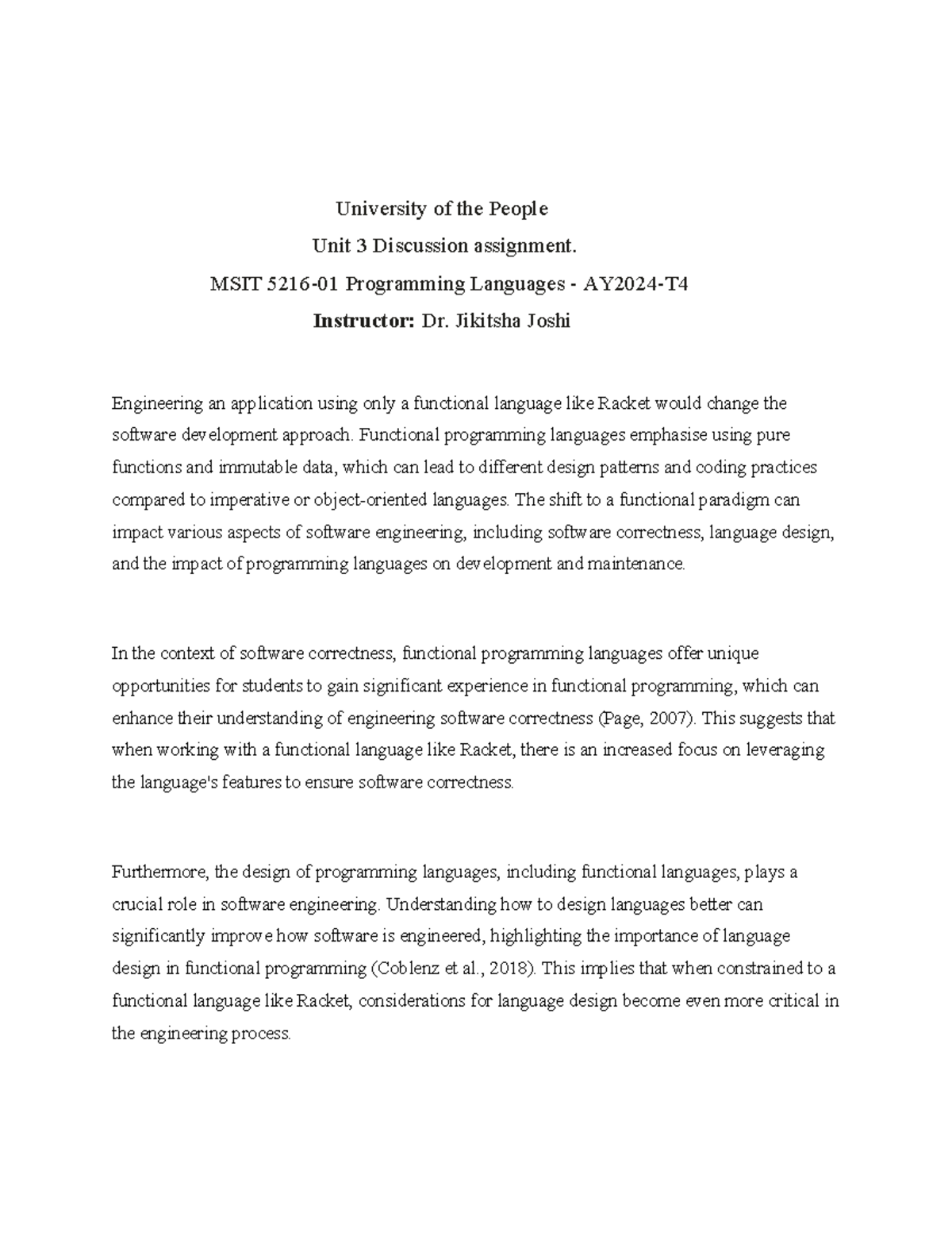 Discussion assignment - MSIT 5216-01 Programming Languages - AY2024-T Instructor: Dr. Jikitsha ...