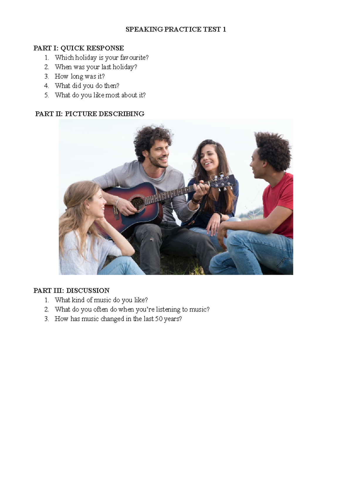 Speaking Tests - ylvyu - SPEAKING PRACTICE TEST 1 PART I: QUICK ...