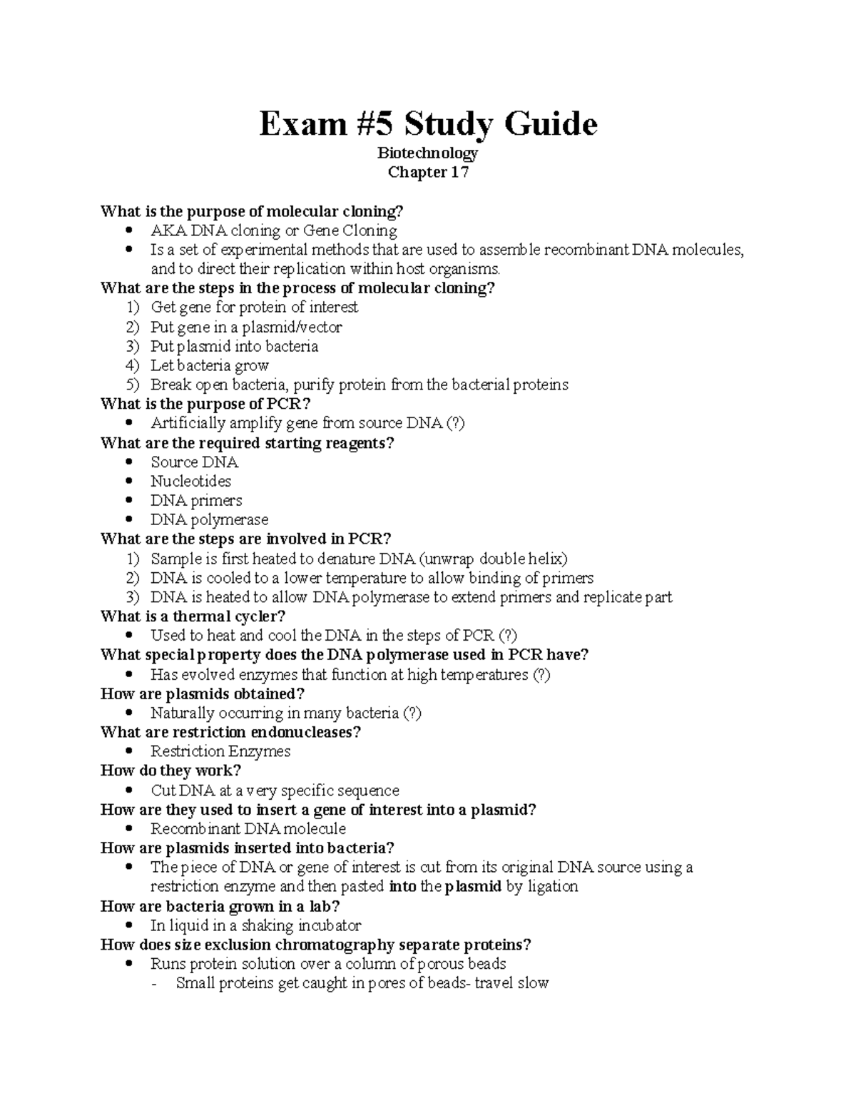 Exam 5 review answers - Exam #5 Study Guide Biotechnology Chapter 17 ...