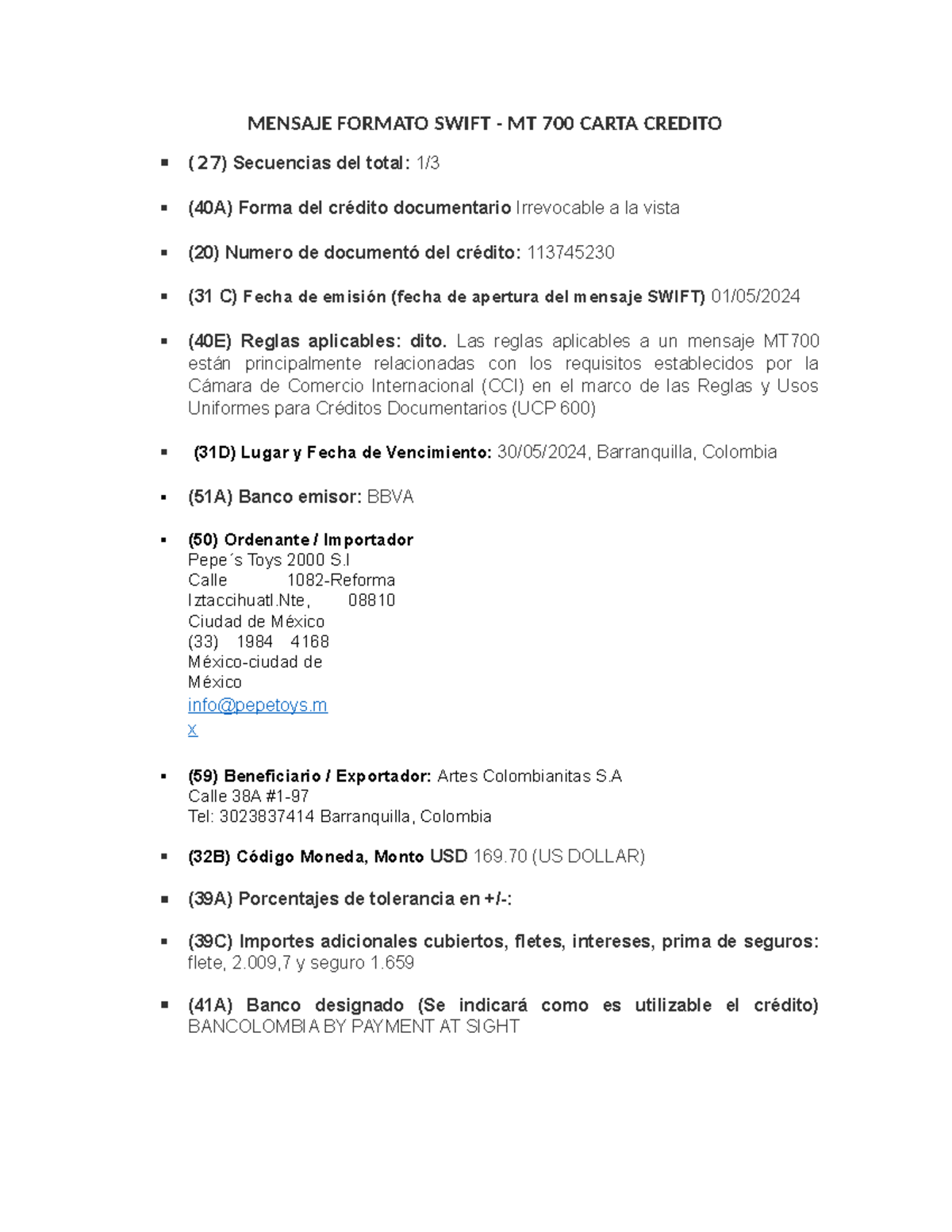 Mensaje Formato Swift Modelo - MENSAJE FORMATO SWIFT - MT 700 CARTA ...