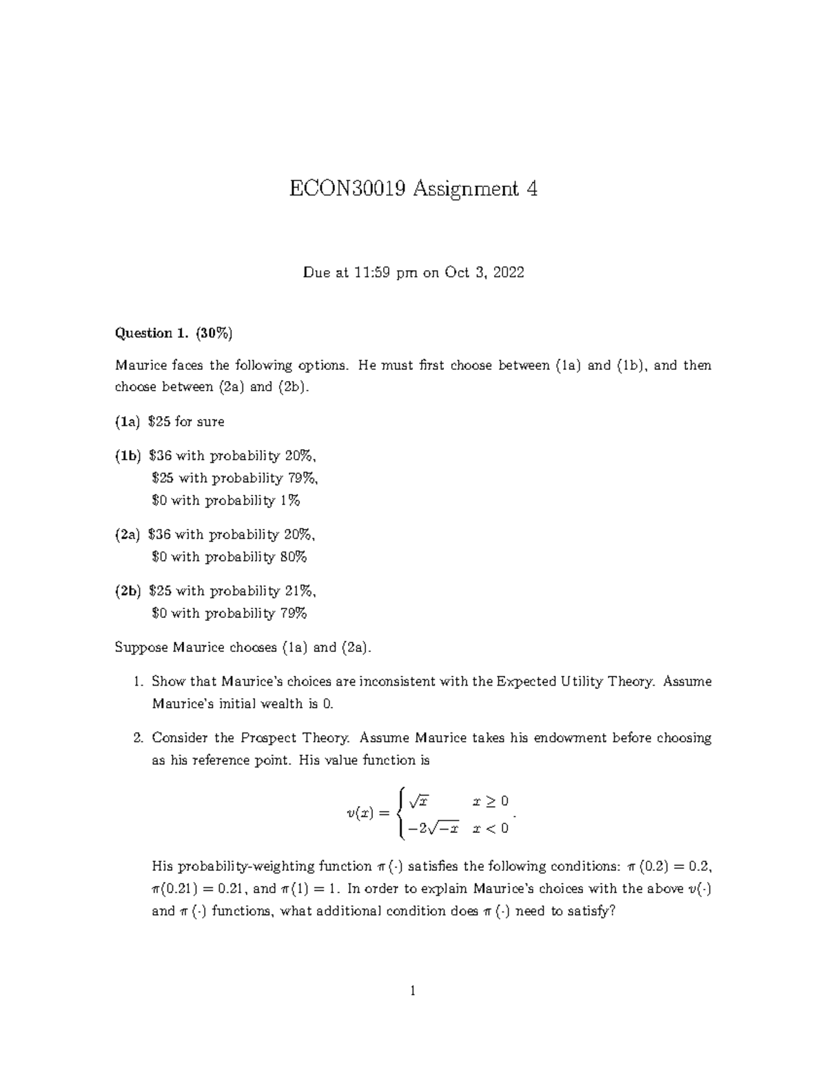 Assignment 4 2022 - Asmt 4 - ECON30019 Assignment 4 Due at 11:59 pm on ...