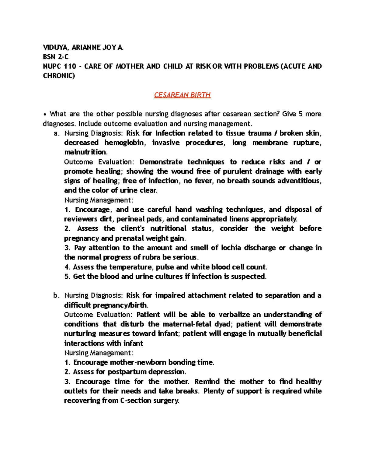 NUPC-110 - Lecture notes about cesarean birth. - VIDUYA, ARIANNE JOY A ...