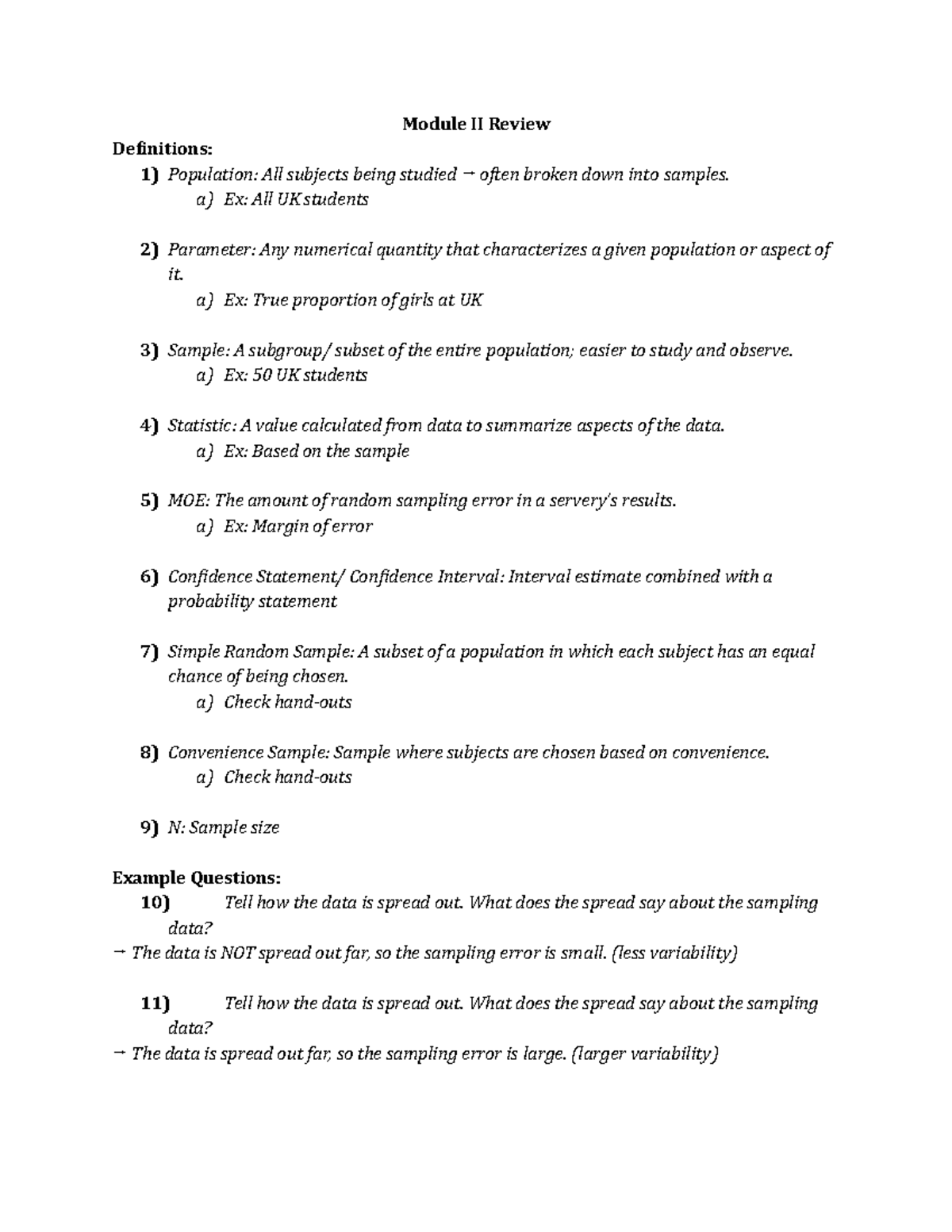 Module II Review - Module II Review Definitions: Population: All ...