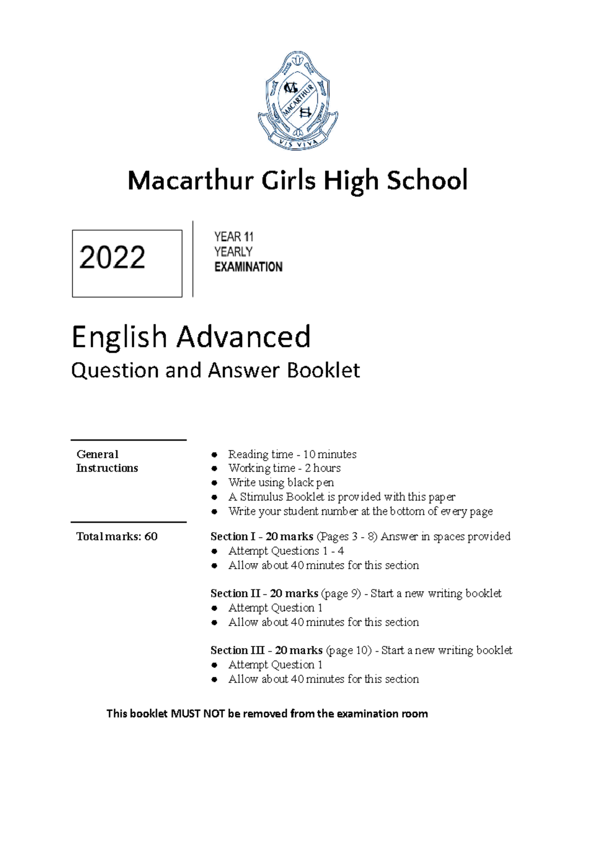 Year 11 English Advanced - 2022 Yearly Question and Answer Booklet ...