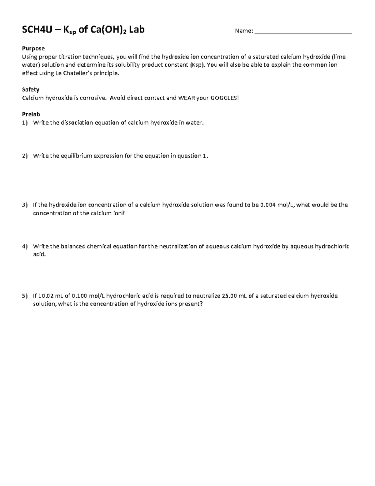 SCH4U - Equilibrium - 12 Calcium Hydroxide Ksp LAB - SCH4U – Ksp of Ca ...