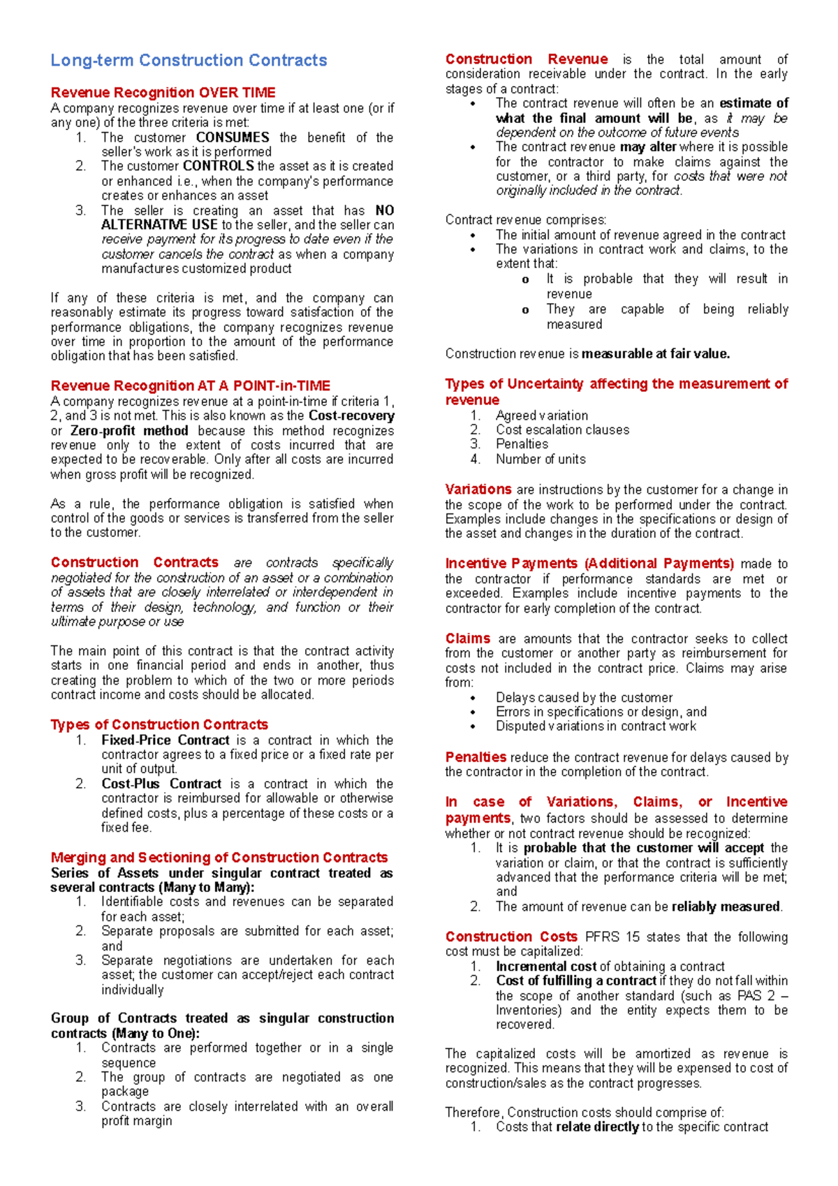 AFST Notes - Long-term Construction Contracts Revenue Recognition OVER ...