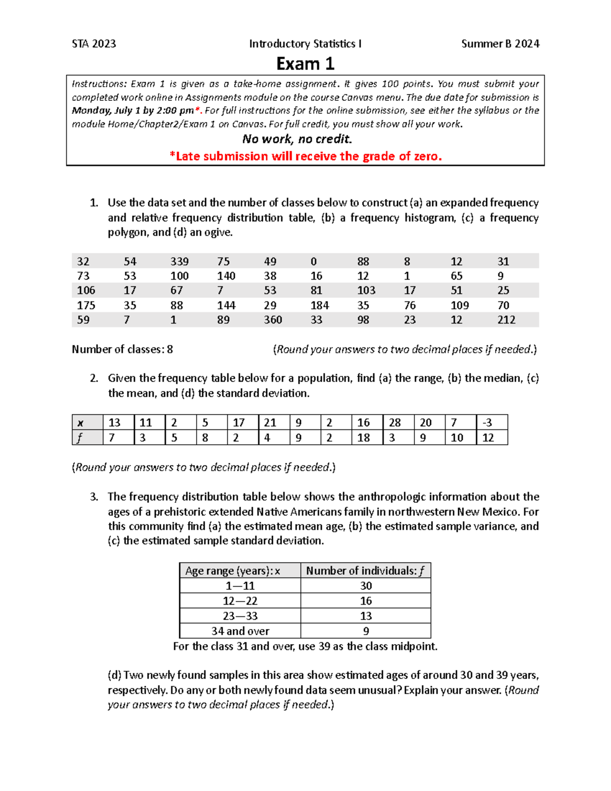 STA2023 Intro Stat I Summer B 2024 Exam1-2 - STA 2023 Introductory ...