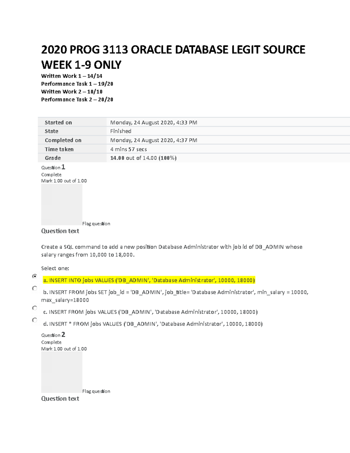 [Week 1-9] BAED-PROG3113 - 2020 PROG 3113 ORACLE DATABASE LEGIT SOURCE WEEK 1-9 ONLY Written ...