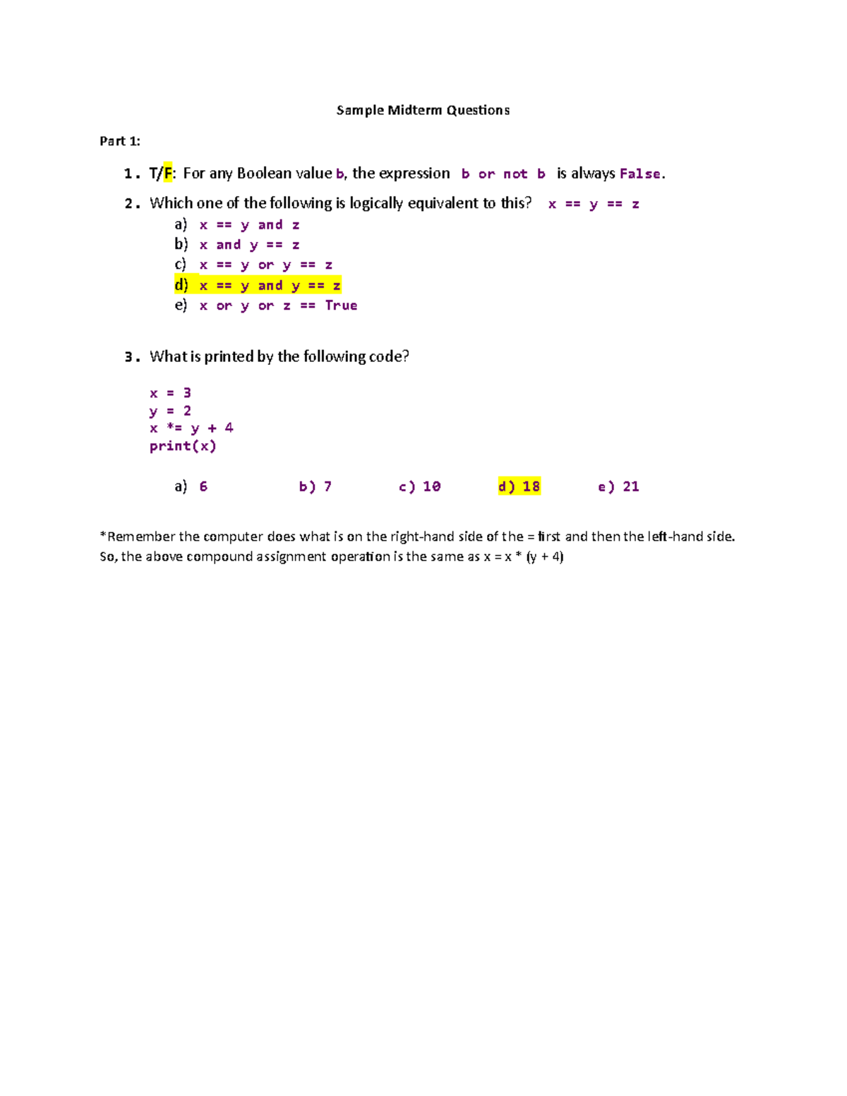 Cs112sample Midterm Questions Answer Sample Midterm Questions Part 1 1 T F For Any Boolean