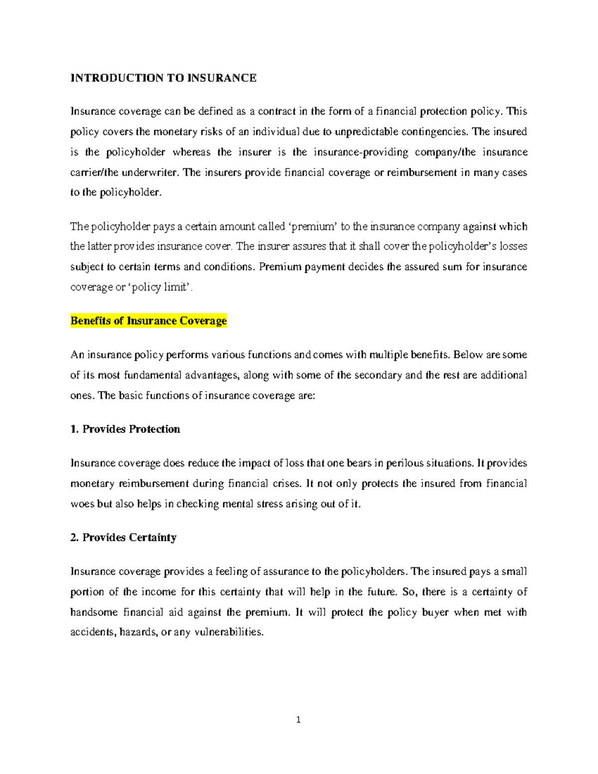 Introduction TO Insurance - 1 INTRODUCTION TO INSURANCE Insurance ...