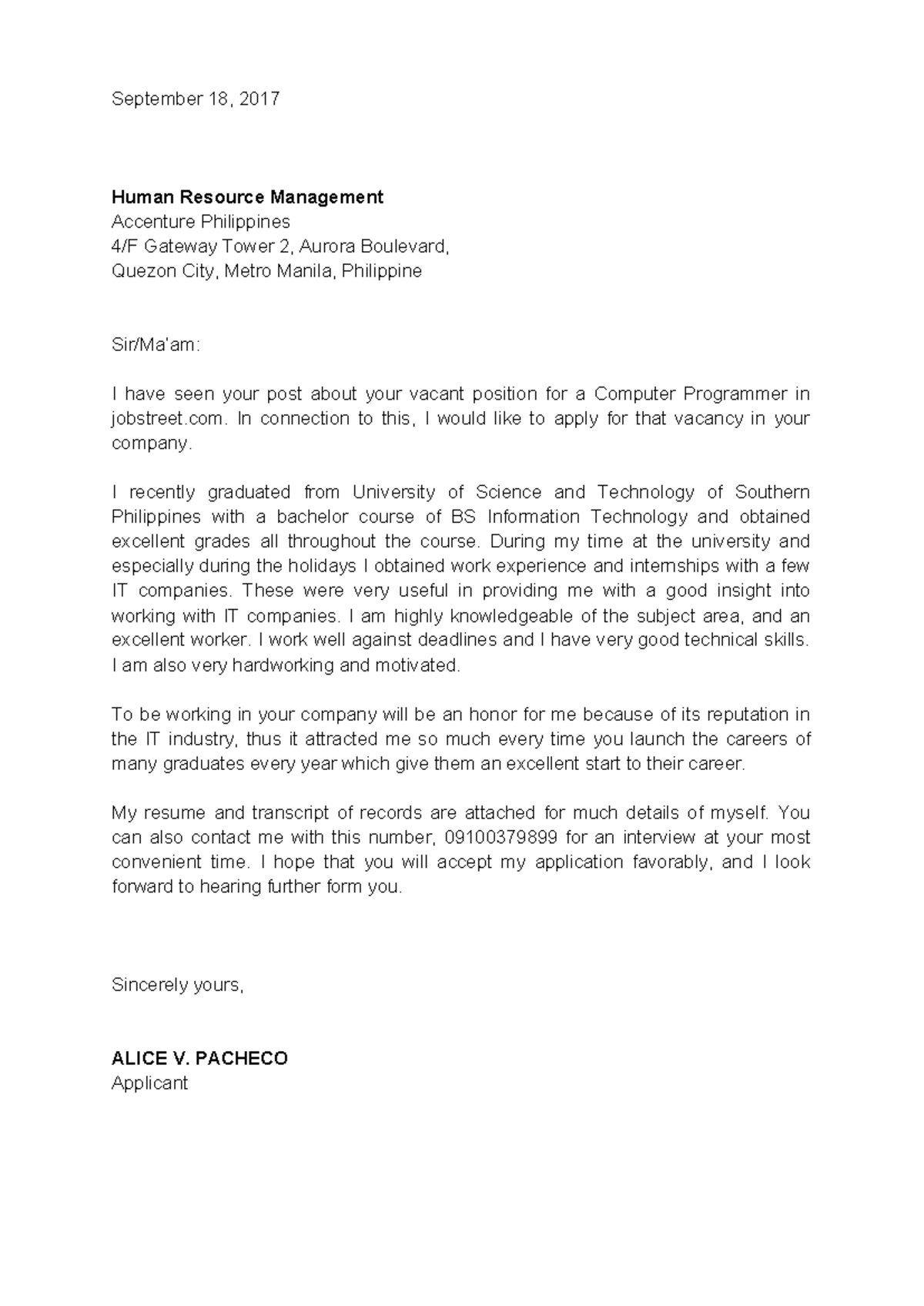 Sample of Application-Letter - September 18, 2017 Human Resource ...