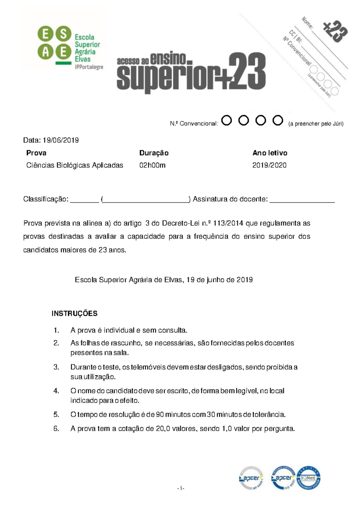 2019-20 ESAE-Prova M23 CBiologicas Aplicadas 2019 fini - i - N.º ...