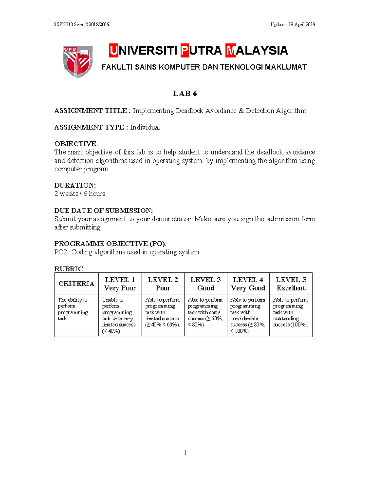 CSC3300-lab6-Implementing Deadlock Avoidance & Detection Algorithm - UNIVERSITI PUTRA MALAYSIA ...