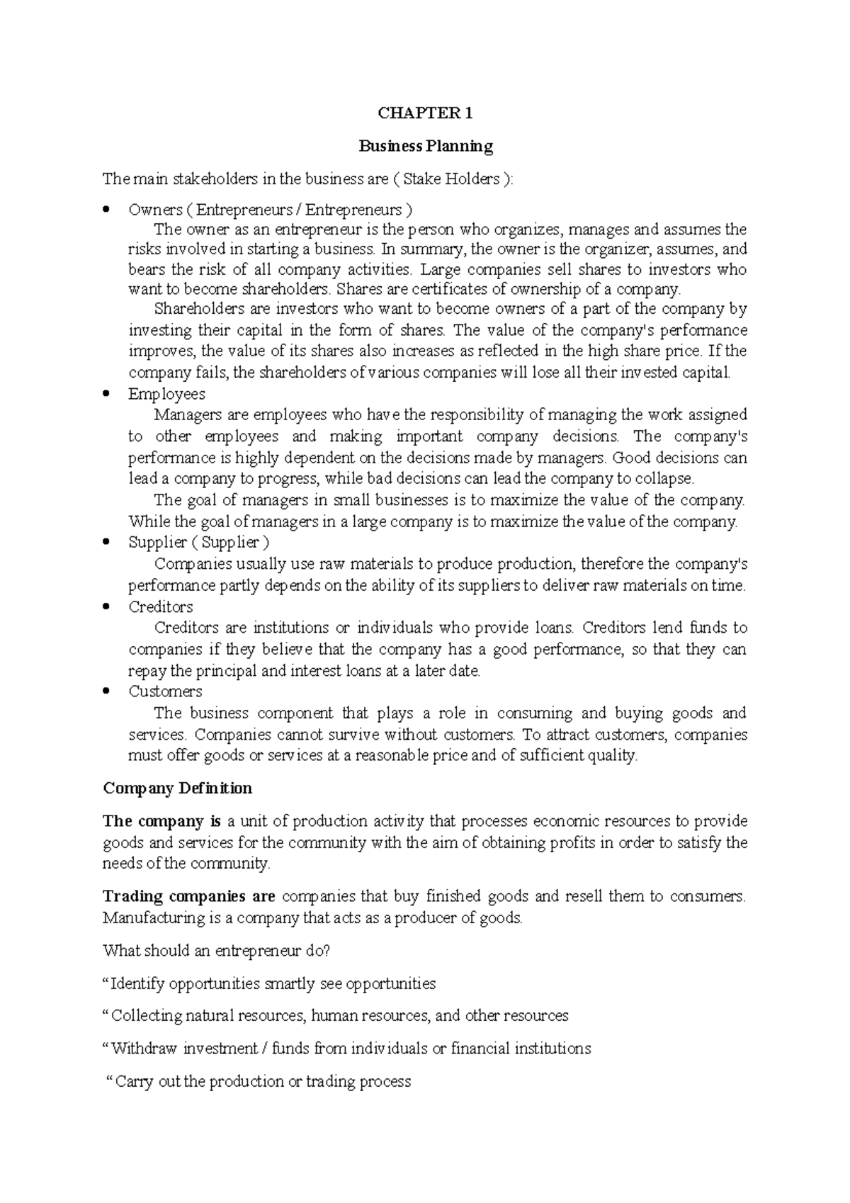 Chapter 1 Business Planning - CHAPTER 1 Business Planning The main ...