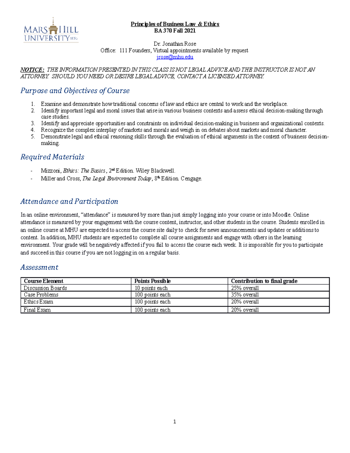 Business Law and Ethics Syllabus Fall 2021 - Principles of Business Law ...