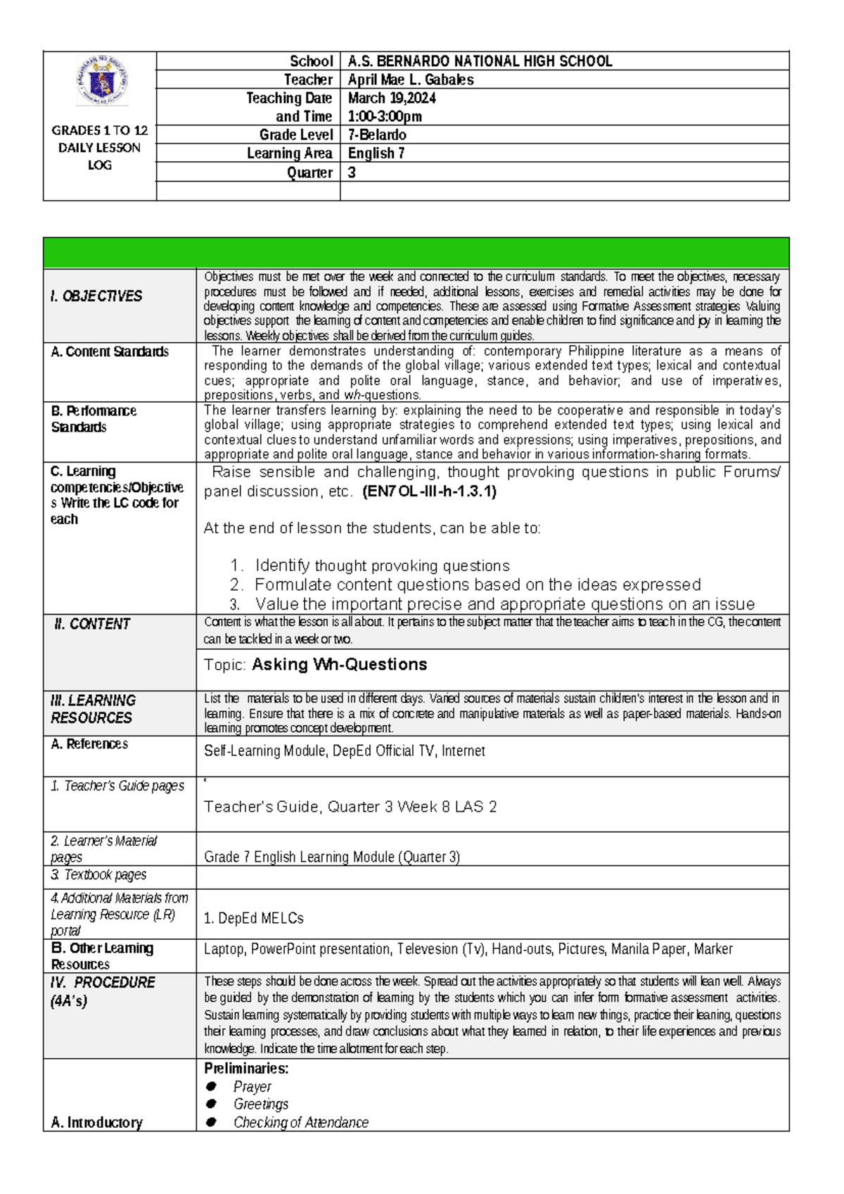G7 DLP Asking WH Questions - GRADES 1 TO 12 DAILY LESSON LOG School A ...