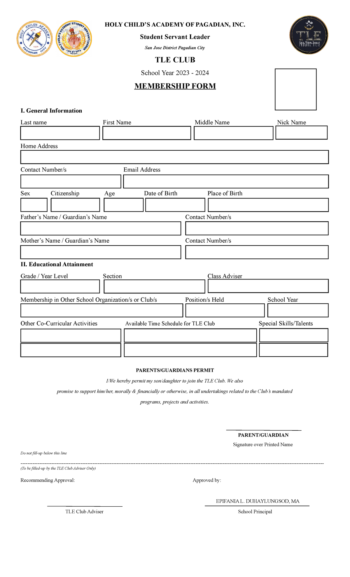 TLE- Membership-FORM - NOTES - HOLY CHILD’S ACADEMY OF PAGADIAN, INC ...