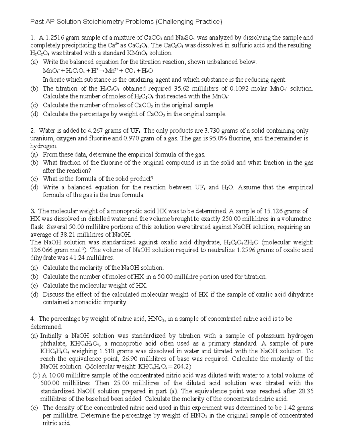 9 - solutions - Past AP Solution Stoichiometry Problems (Challenging ...