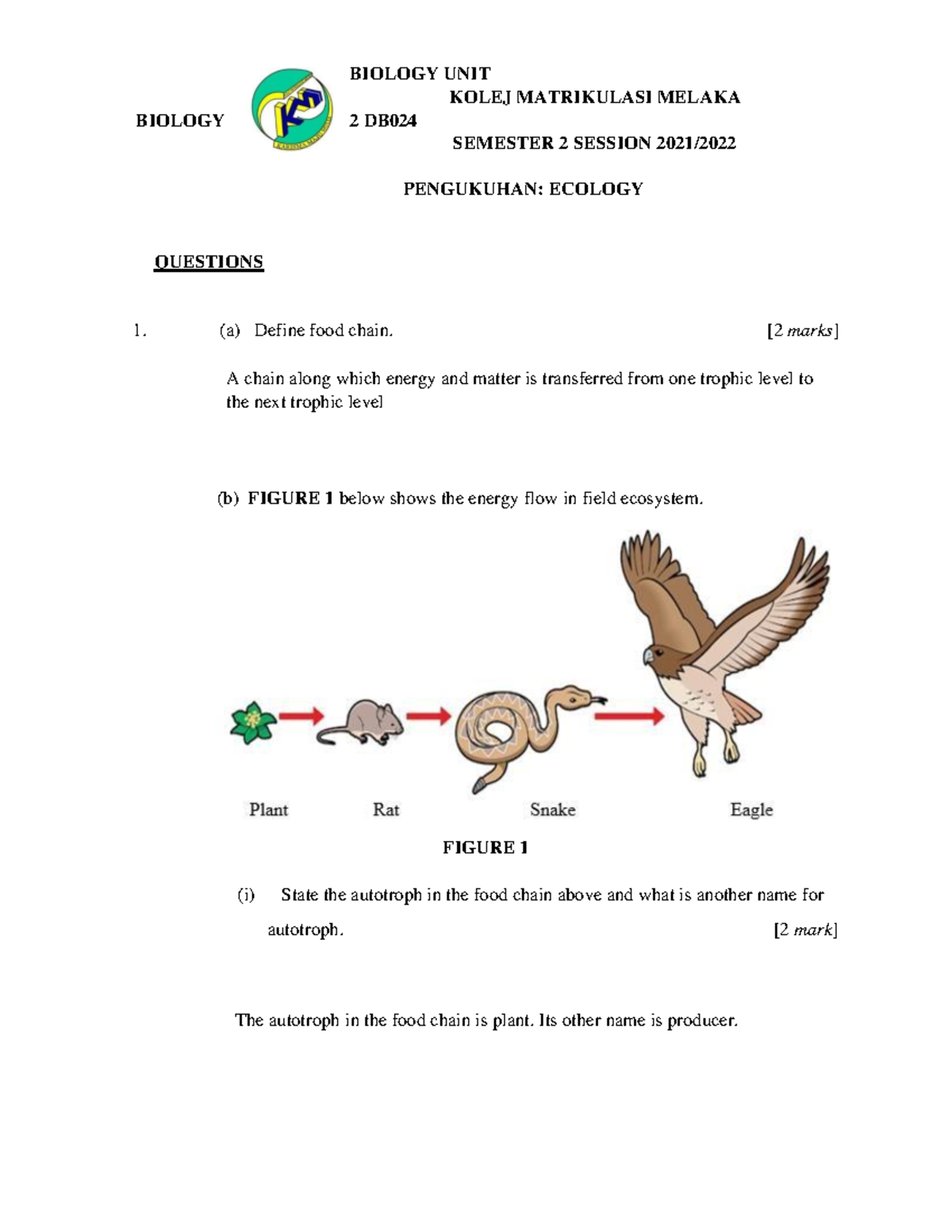 QUIZ Ecology - BIOLOGY UNIT KOLEJ MATRIKULASI MELAKA BIOLOGY 2 DB ...