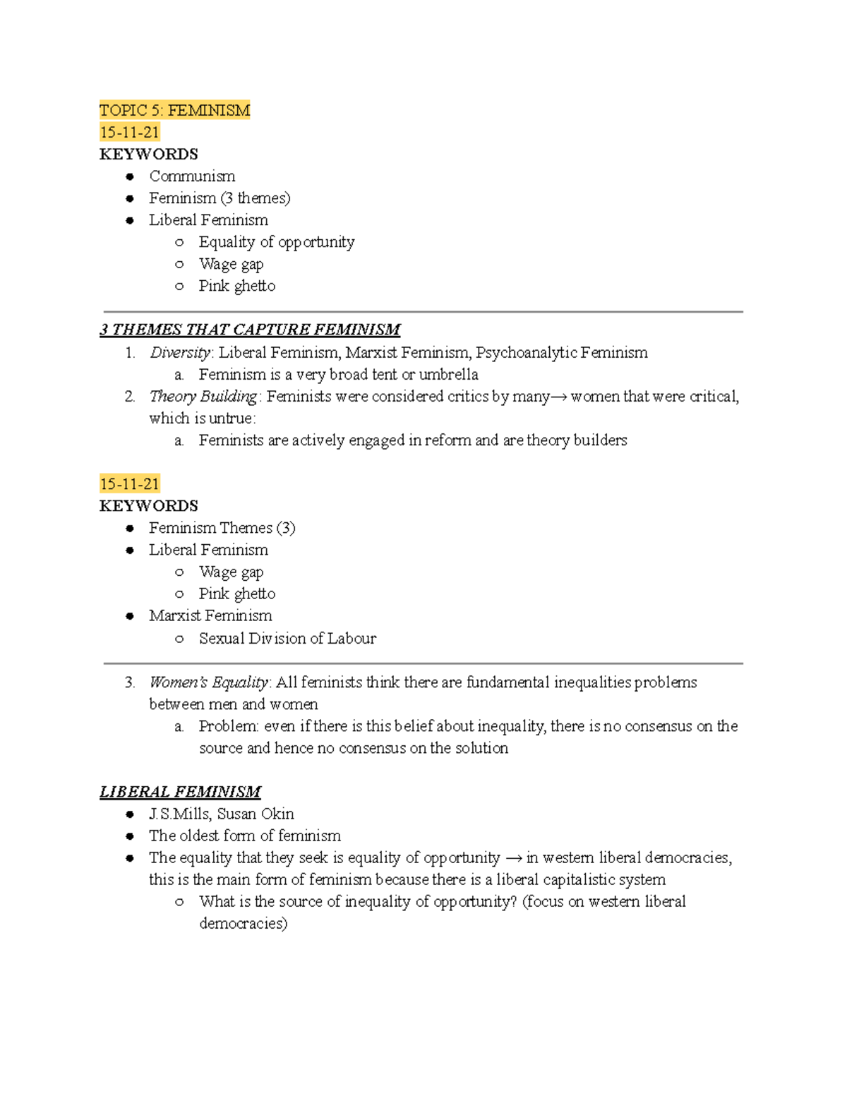 Topic 5 Feminism - 4 Lecture notes - TOPIC 5: FEMINISM 15-11- KEYWORDS ...