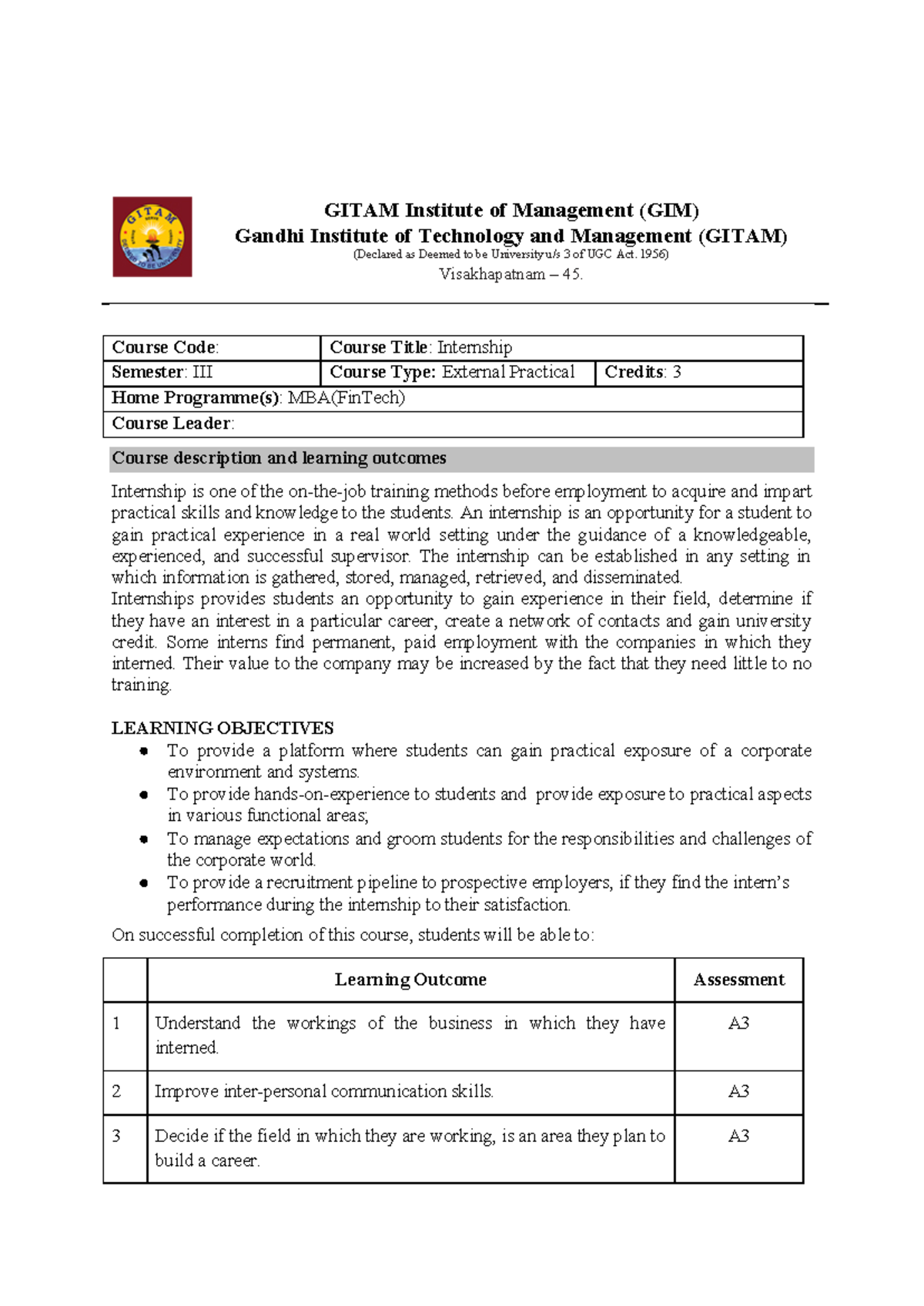 Internship - Summary Technical COmmunication - GITAM Institute of Management (GIM) Gandhi ...