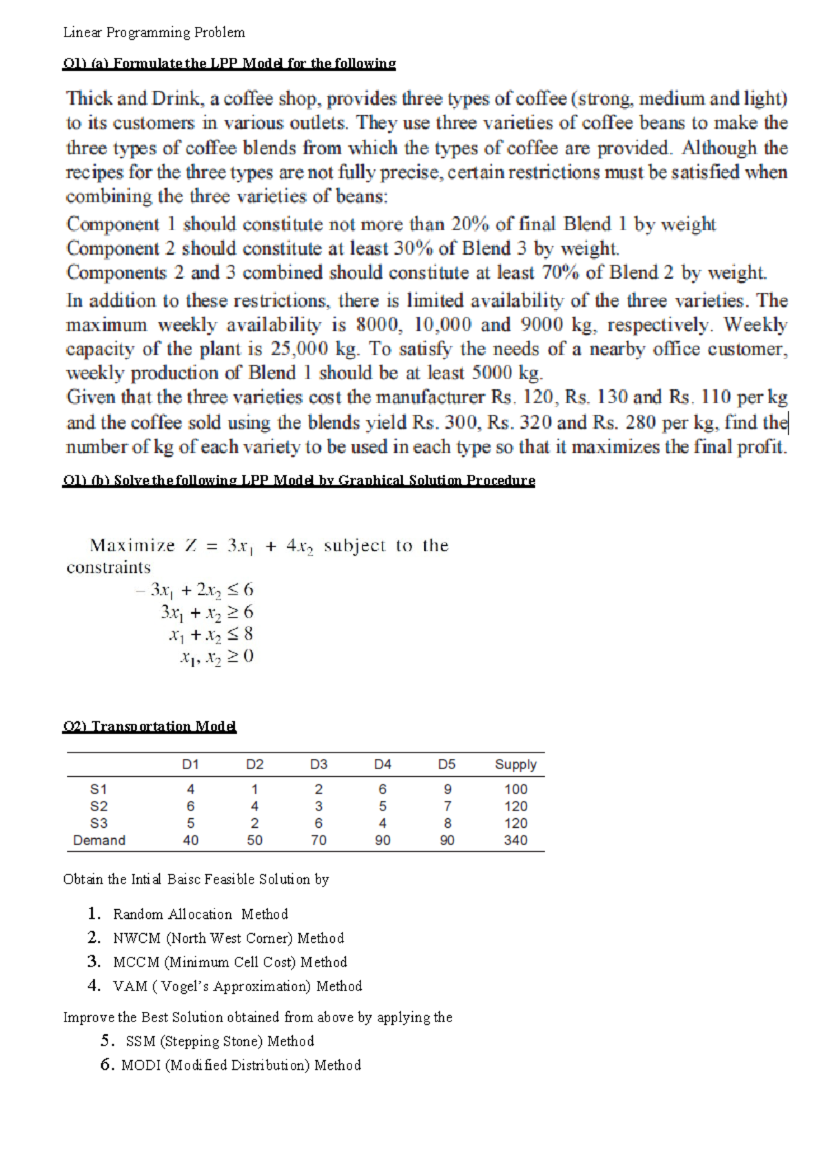 OR Assignment 1 - Linear Programming Problem Q1) (a) Formulate the LPP Model for the following ...