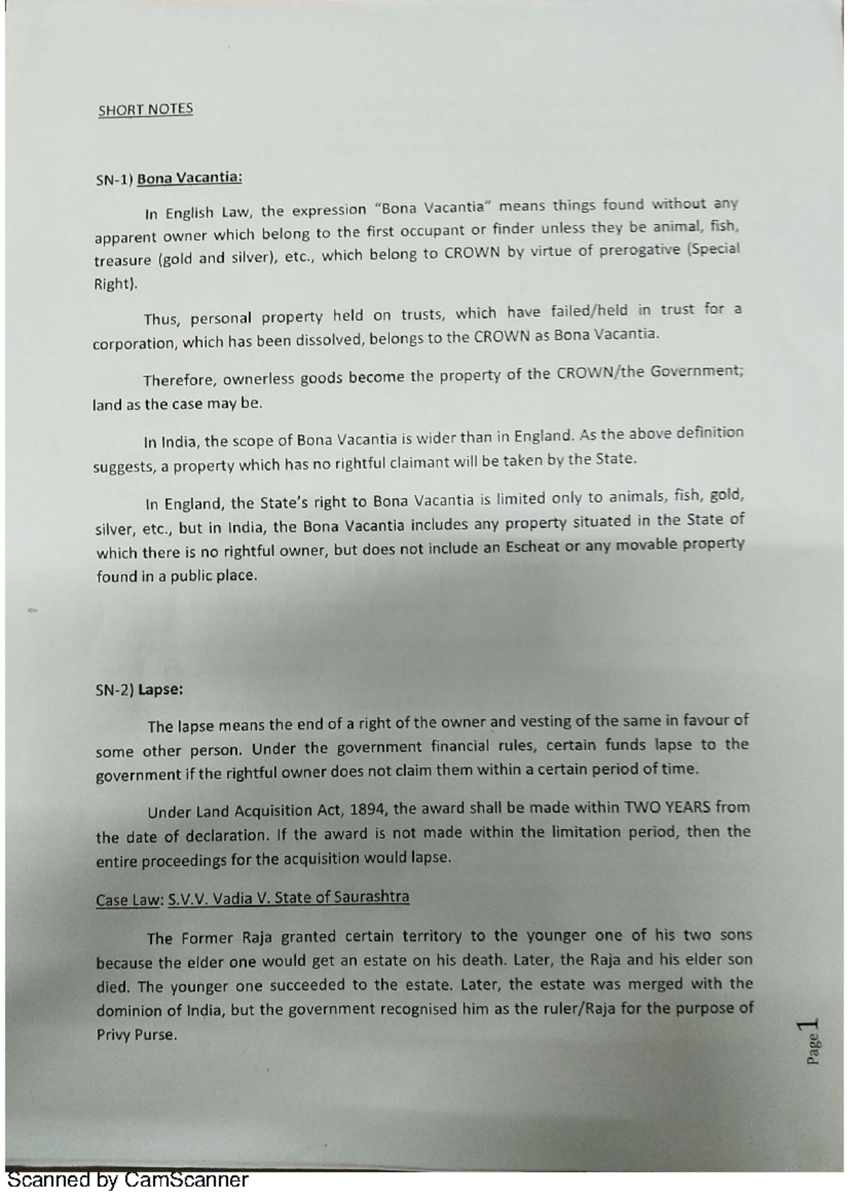 Land laws short notes - Land Laws Questions - SHORT NOTES Bona Vacantia ...