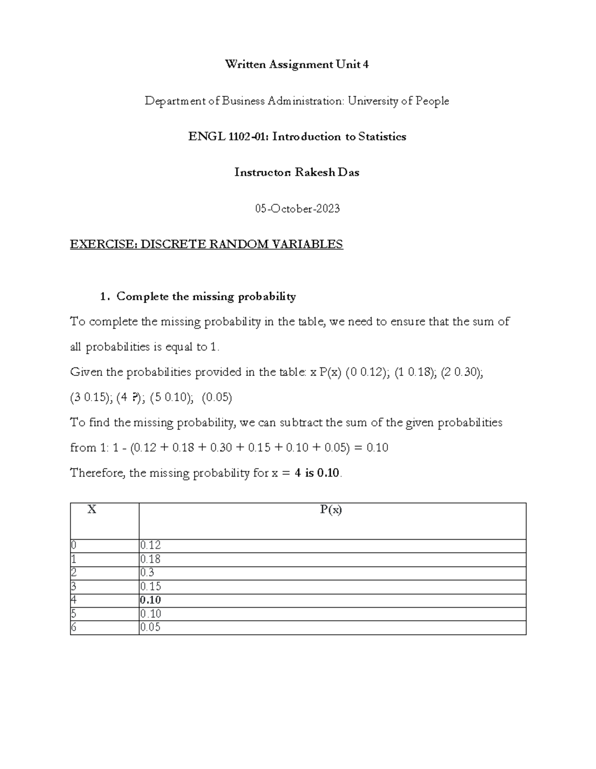 Discrete Random Variables Exe Written Assignment Unit 4 Department Of Business Administration