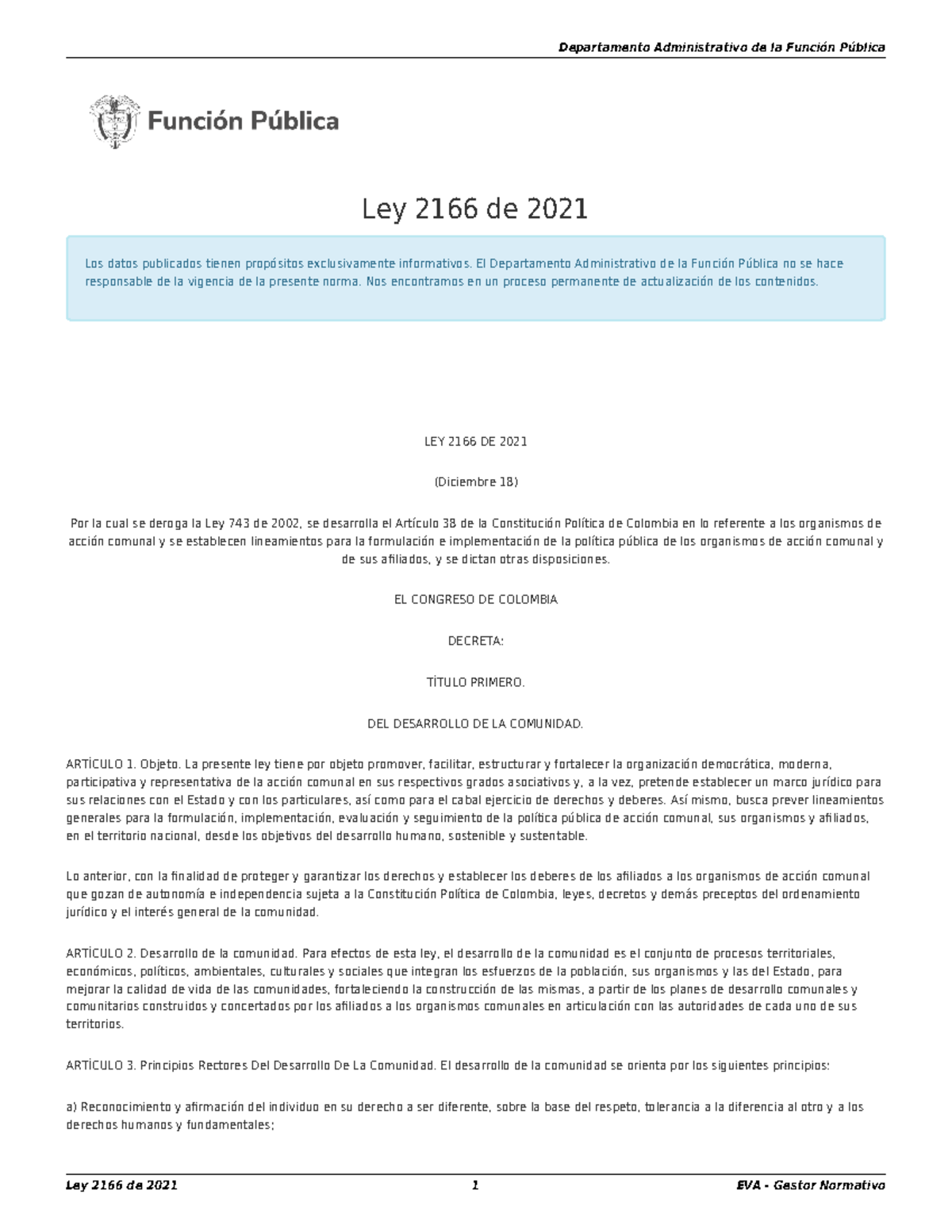 Ley 2166 de 2021 - Ley 2166 de 2021 Los datos publicados tienen ...