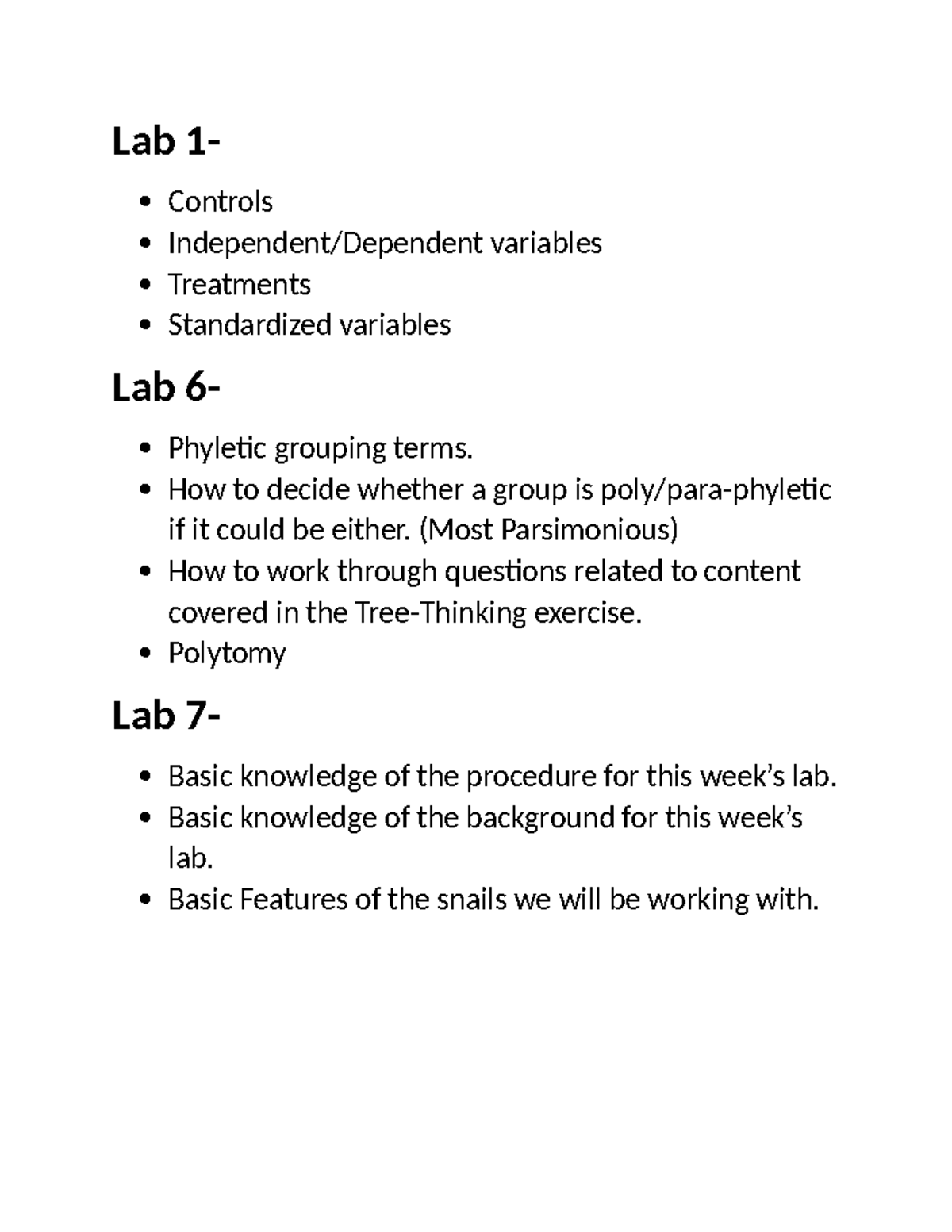Bio 200- Lab Quiz 6 Need-to-know - Lab 1- Controls Independent ...