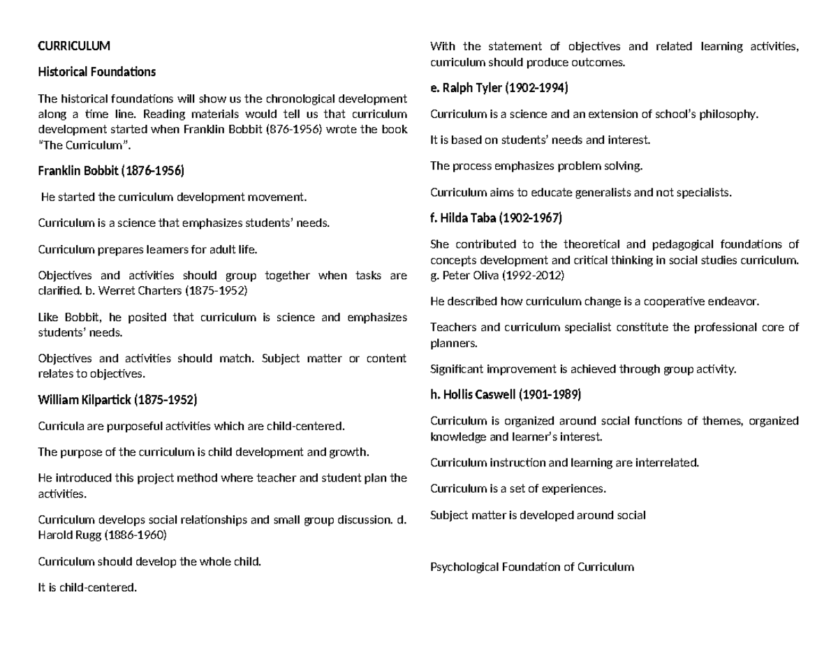 Curriculum and the teacher - CURRICULUM Historical Foundations The ...