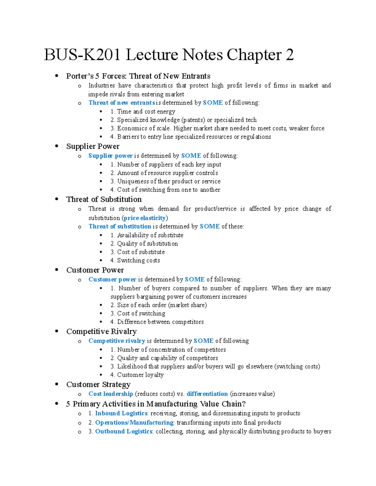 BUS-K201 Lecture Notes Chapter 2 - Time and cost energy 2. Specialized ...