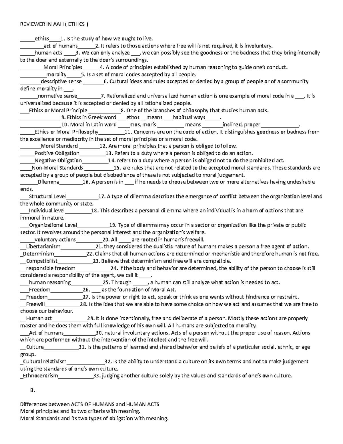 Reviewer IN AAH - REVIEWER IN AAH ( ETHICS ) _____ethics____1. Is the study of how we ought to ...