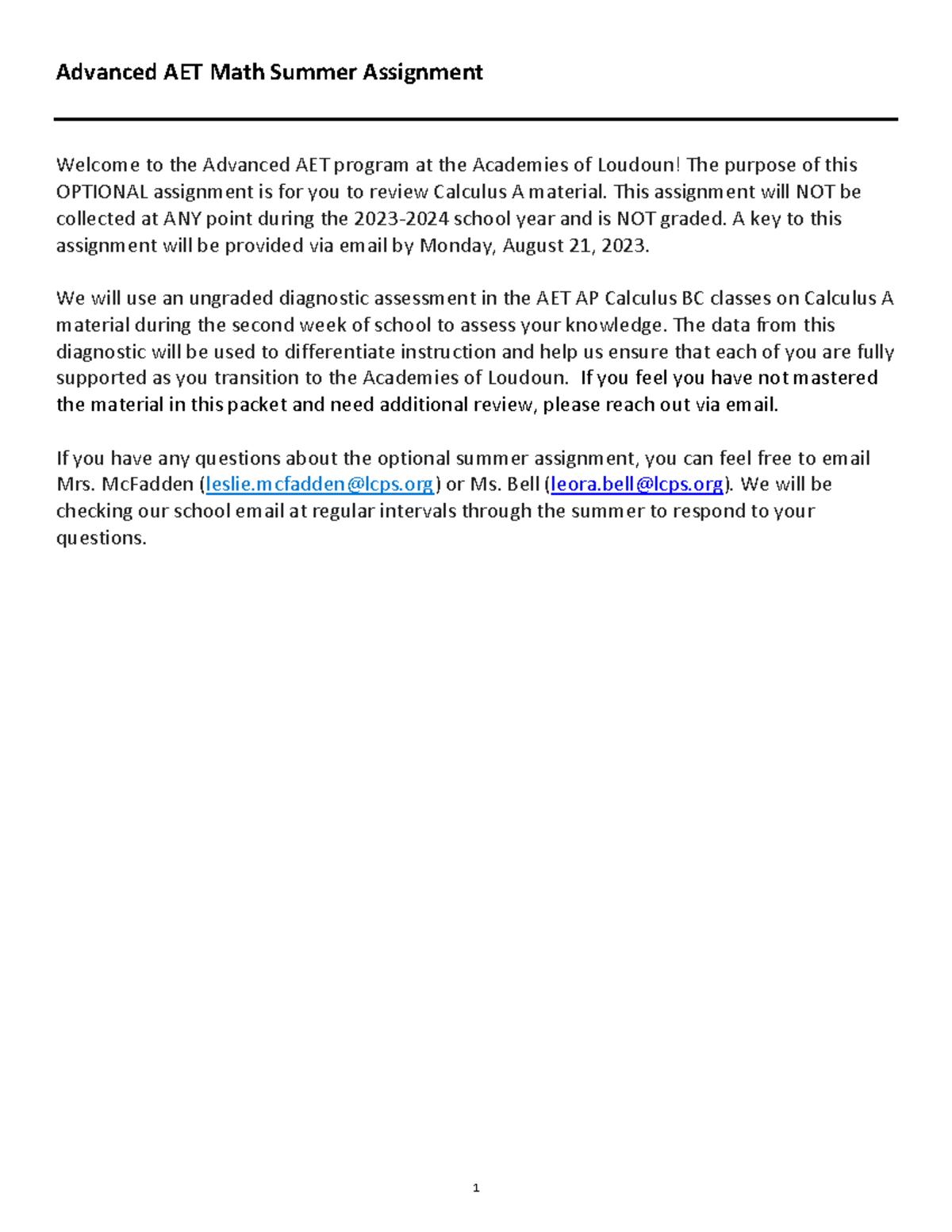 Adv AET Math Summer Assignment - Advanced AET Math Summer Assignment ...