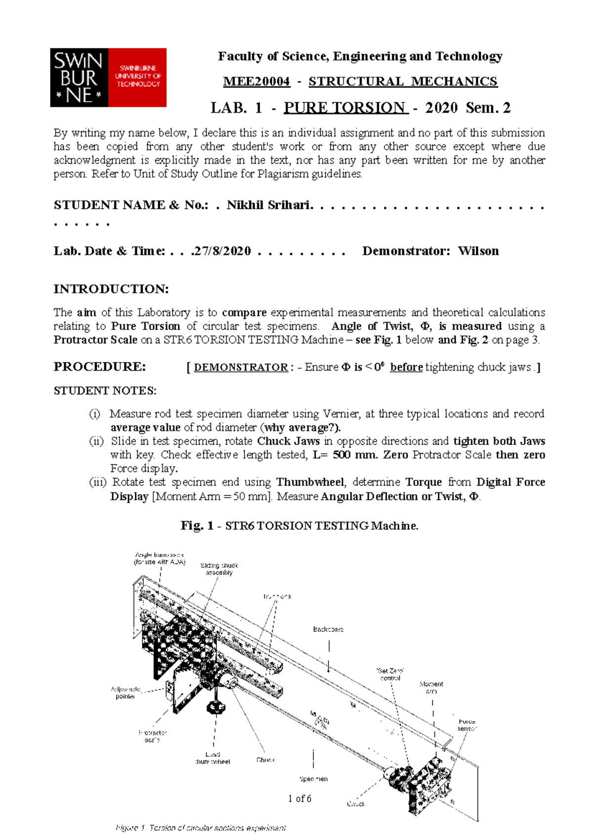 Lab 1 - Lab on Torsion - Faculty of Science, Engineering and Technology ...