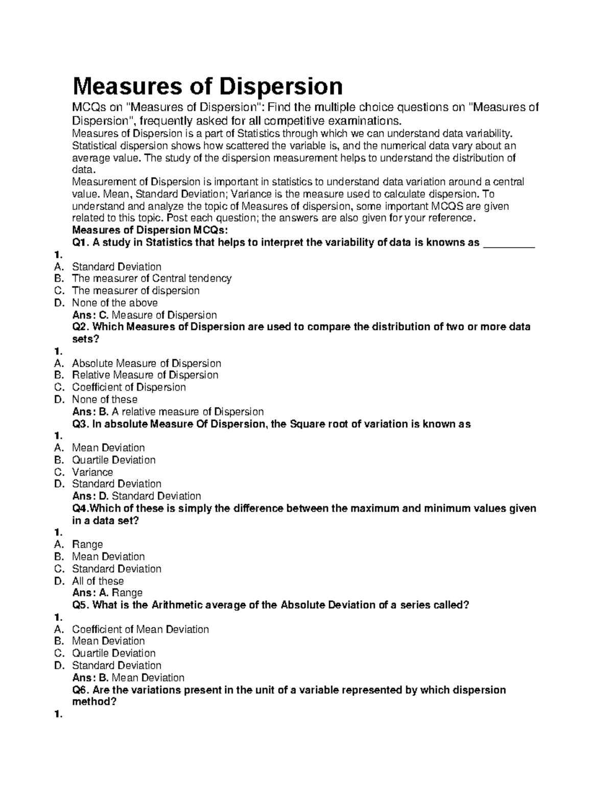 lecture notes for It - Measures of Dispersion MCQs on "Measures of ...