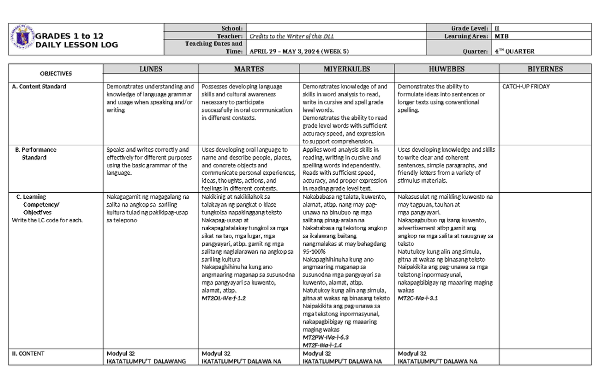 DLL MTB 2 Q4 W5 - Samples - GRADES 1 to 12 DAILY LESSON LOG School ...