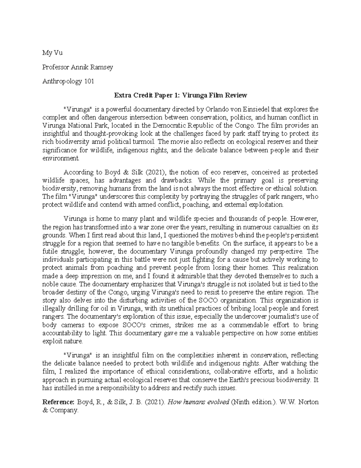 ANTH 101 Extra Credit - My Vu Professor Annik Ramsey Anthropology 101 ...