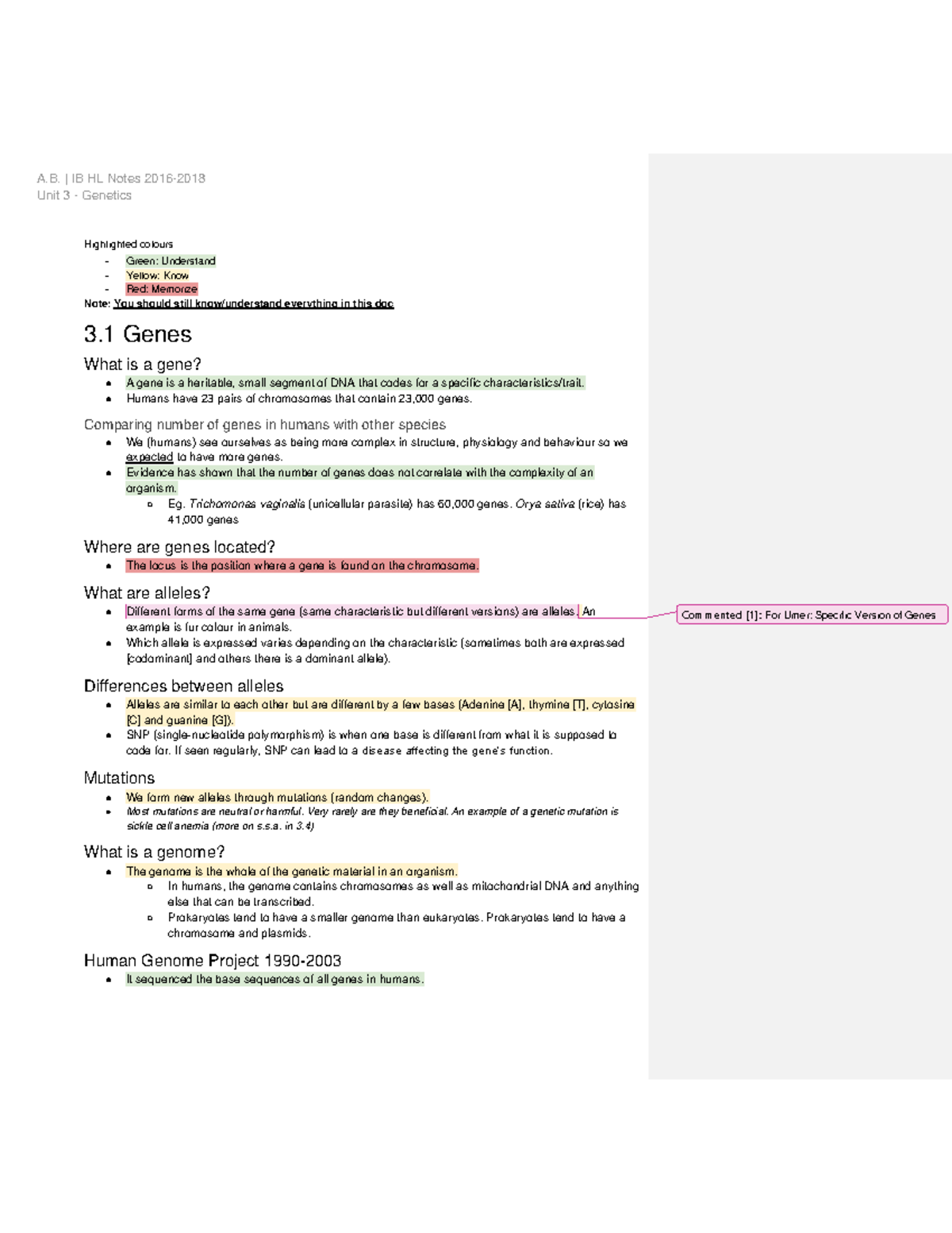 3 - Genetics copy - Unit 3 - Genetics Highlighted colours - Green ...